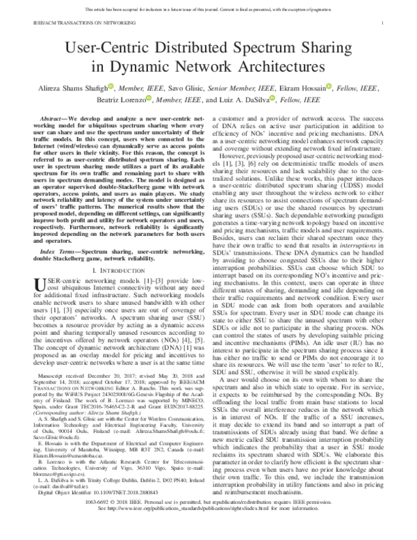 (PDF) User-Centric Distributed Spectrum Sharing in Dynamic Network ...
