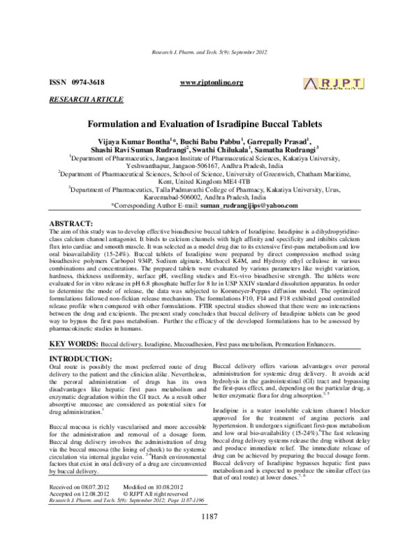 (PDF) Formulation and Evaluation of Isradipine Buccal Tablets