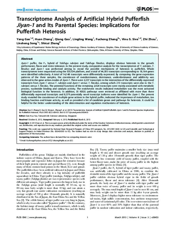 (PDF) Transcriptome Analysis of Artificial Hybrid Pufferfish Jiyan-1 ...