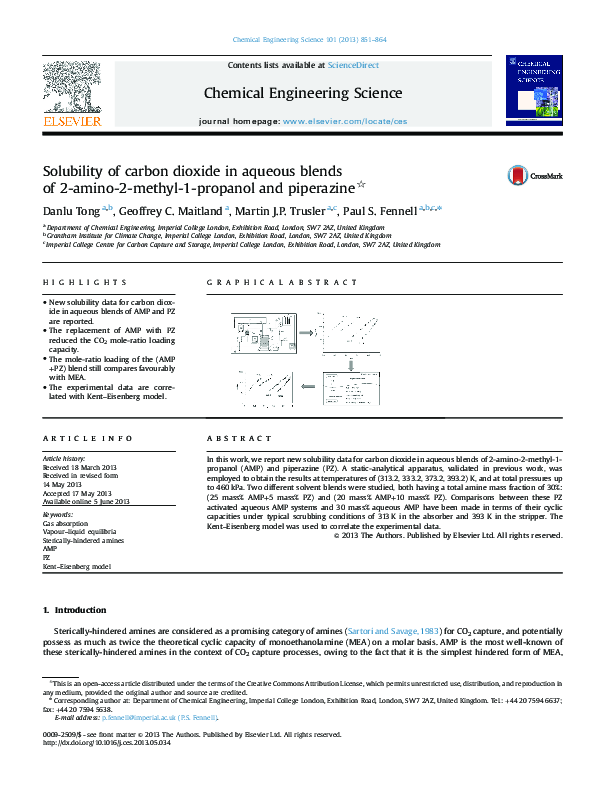 (PDF) Solubility of carbon dioxide in aqueous blends of 2-amino-2-methyl-1-propanol and piperazine