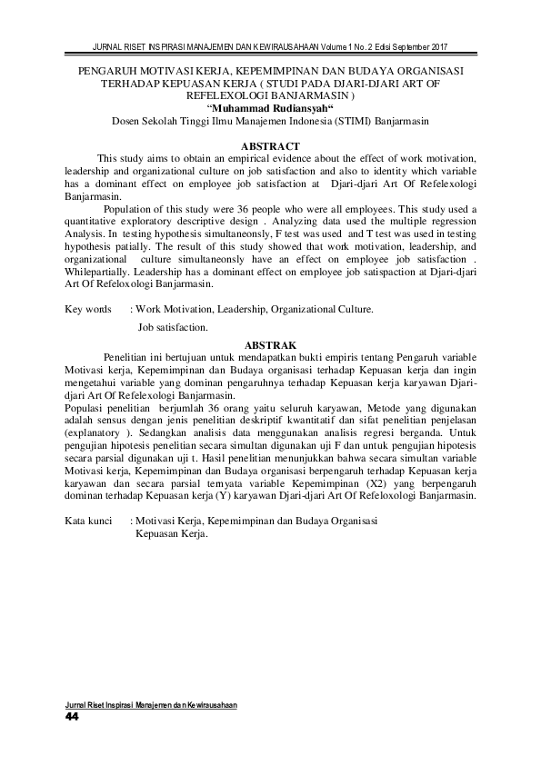 (PDF) Pengaruh Motivasi Kerja, Kepemimpinan dan Budaya Organisasi Terhadap Kepuasan Kerja (Studi ...