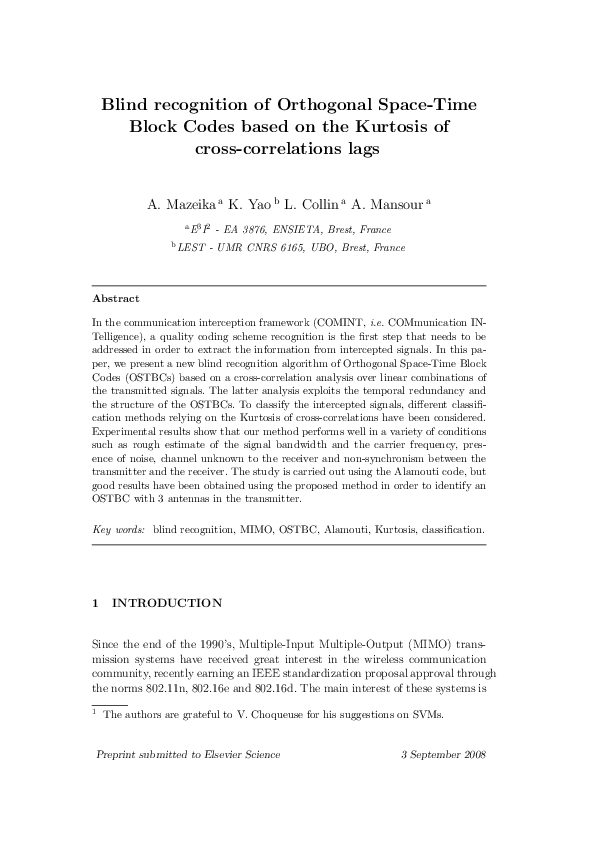 Pdf Blind Recognition Of Orthogonal Space Time Block Codes Based On The Kurtosis Of Cross