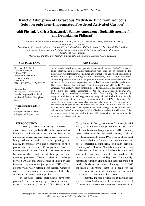(PDF) Kinetic Adsorption of Hazardous Methylene Blue from Aqueous Solution onto Iron-Impregnated ...