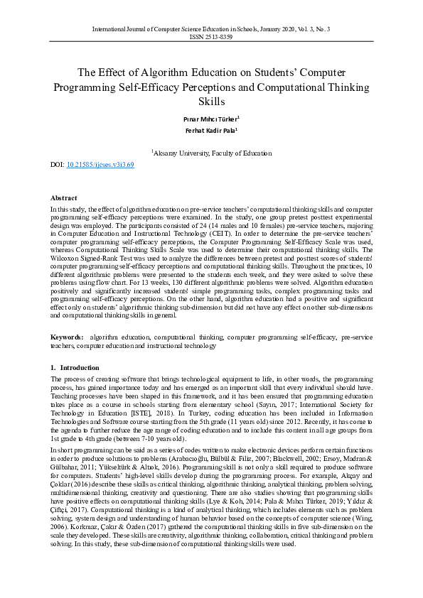 (PDF) The Effect of Algorithm Education on Students’ Computer Programming Self-Efficacy ...