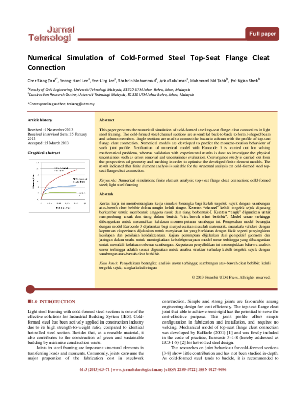 (PDF) Numerical Simulation of Cold–Formed Steel Top–Seat Flange Cleat ...