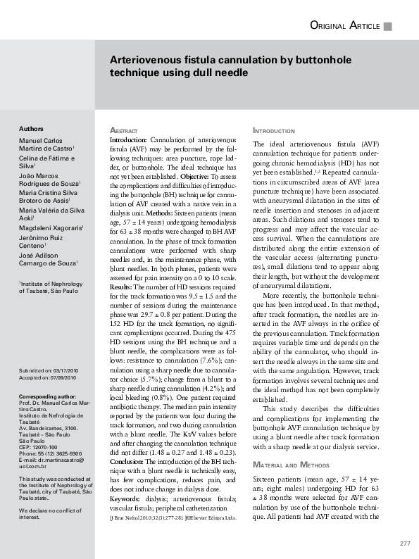 (PDF) Arteriovenous fistula cannulation by buttonhole technique using ...