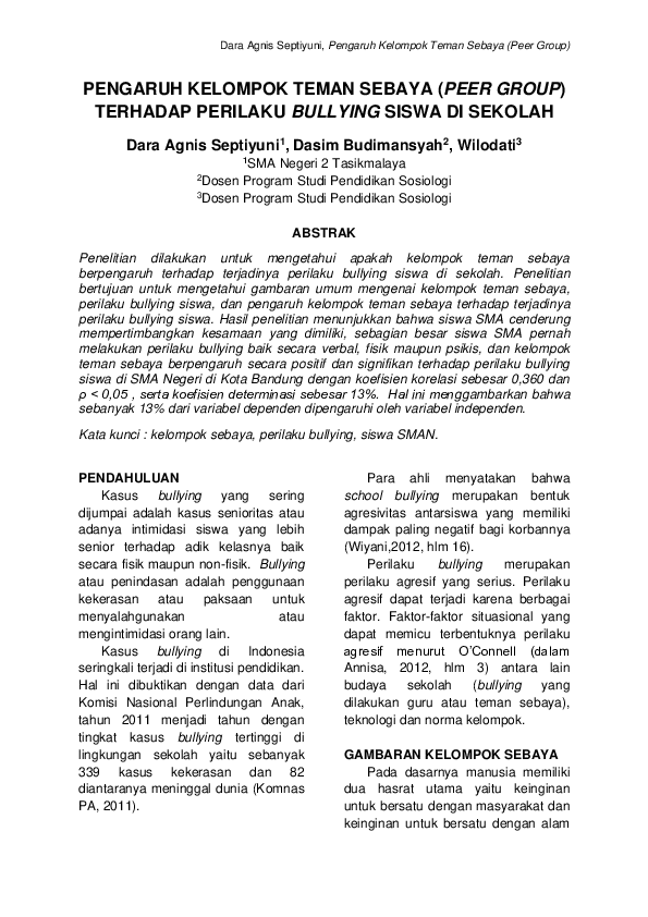 (PDF) Pengaruh Kelompok Teman Sebaya (Peer Group) Terhadap Perilaku Bullying Siswa DI Sekolah