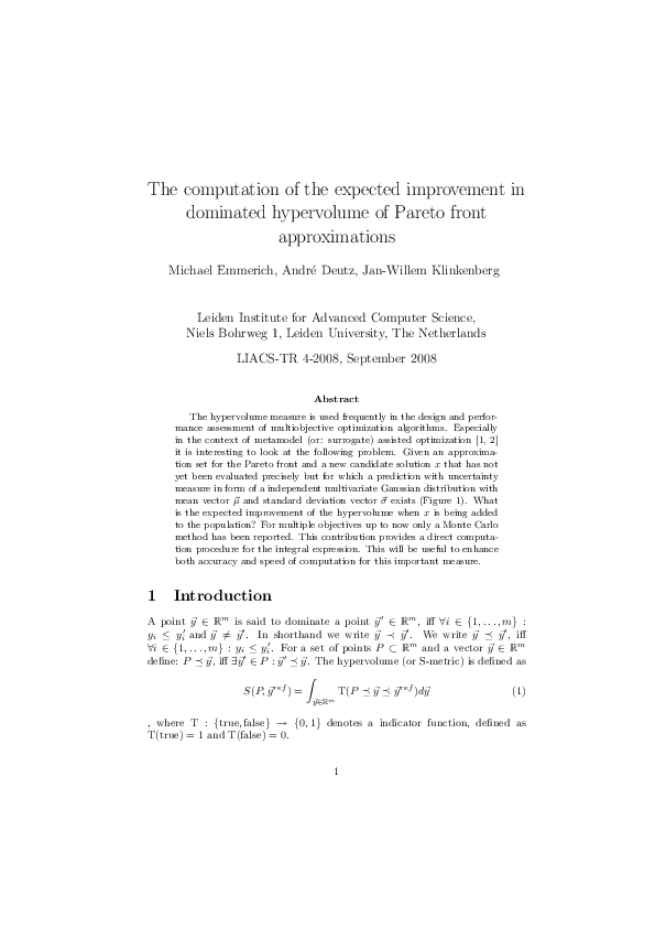Pdf The Computation Of The Expected Improvement In Dominated Hypervolume Of Pareto Front