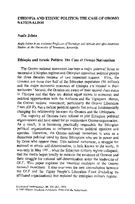(PDF) Ethiopia and ethnic politics: The case of Oromo nationalism