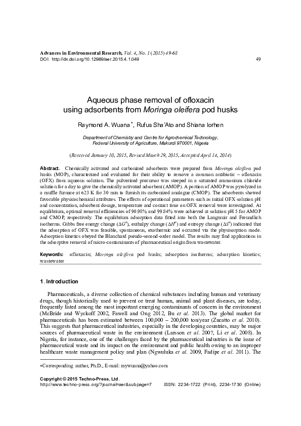 (PDF) Aqueous phase removal of ofloxacin using adsorbents from Moringa ...