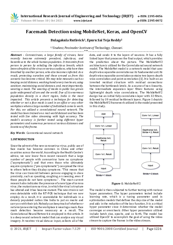 (PDF) IRJET- Facemask Detection using MobileNet, Keras, and OpenCV
