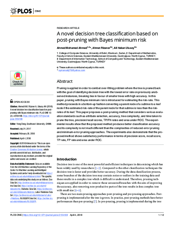 (PDF) A novel decision tree classification based on post-pruning with Bayes minimum risk
