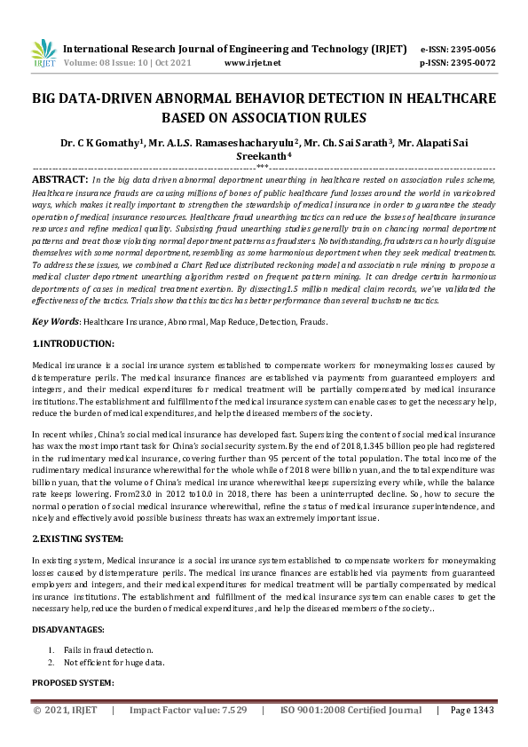 Pdf Irjet Big Data Driven Abnormal Behavior Detection In Healthcare Based On Association Rules