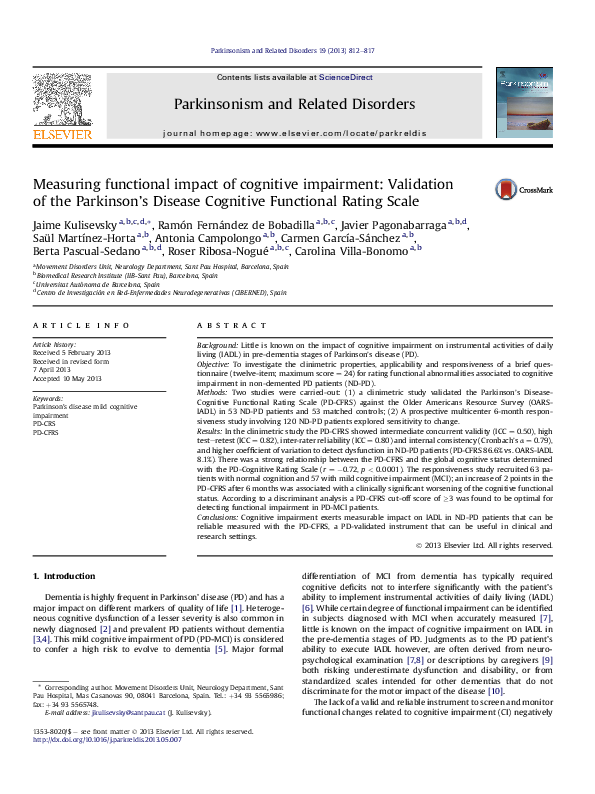 (PDF) Measuring functional impact of cognitive impairment: Validation ...