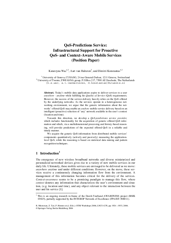 (PDF) QoS-Predictions Service: Infrastructural Support for Proactive ...