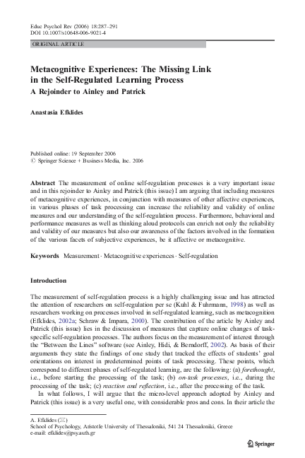 (PDF) Metacognitive Experiences: The Missing Link in the Self-Regulated ...