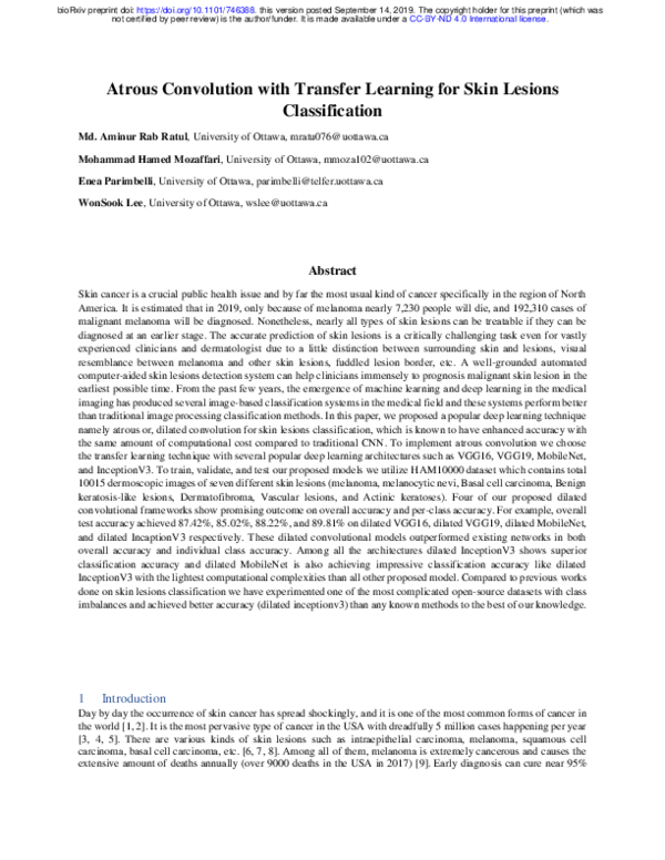 (PDF) Atrous Convolution with transfer learning for Skin Lesions Classification