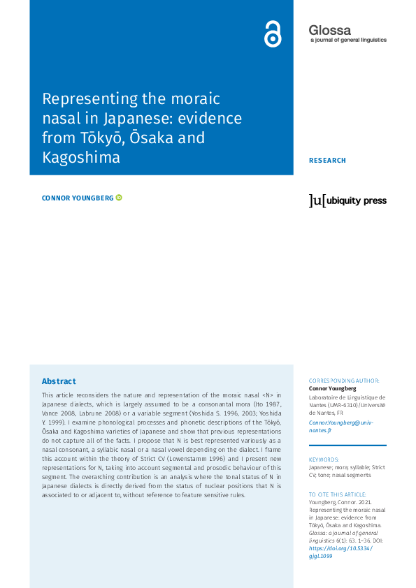 (PDF) Representing the moraic nasal in Japanese: evidence from Tōkyō ...