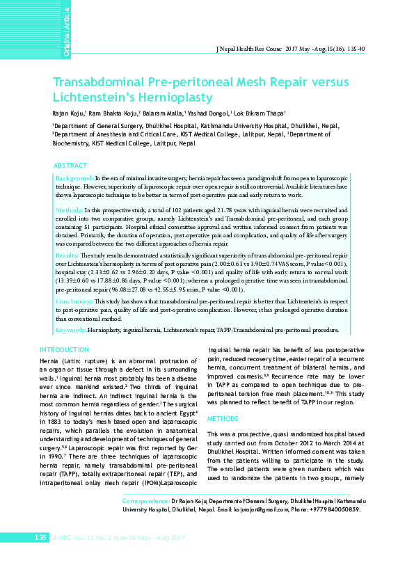 (PDF) Transabdominal Pre-peritoneal Mesh Repair versus Lichtenstein’s Hernioplasty