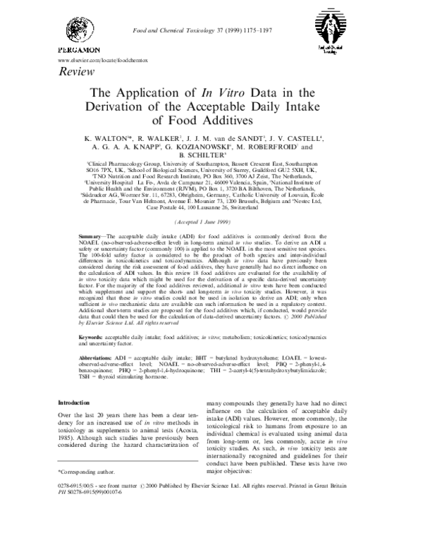 Pdf The Application Of In Vitro Data In The Derivation Of The Acceptable Daily Intake Of Food