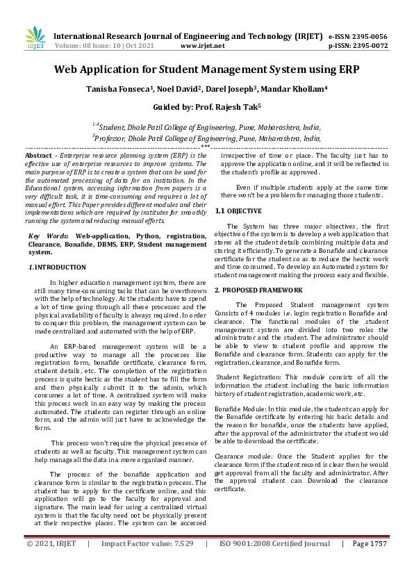 (PDF) IRJET- Web Application for Student Management System using ERP