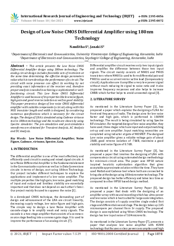 (PDF) IRJET- Design of Low Noise CMOS Differential Amplifier using 180nm Technology