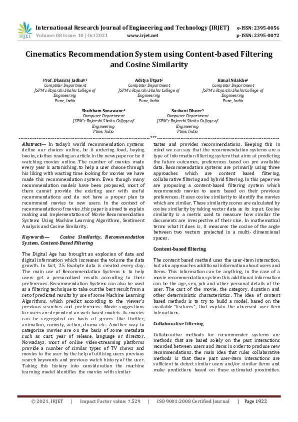 (PDF) IRJET- Cinematics Recommendation System using Content-based ...