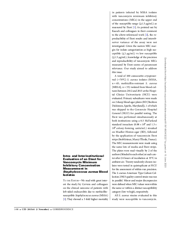 Pdf Intra And Interinstitutional Evaluation Of An Etest For Vancomycin Minimum Inhibitory