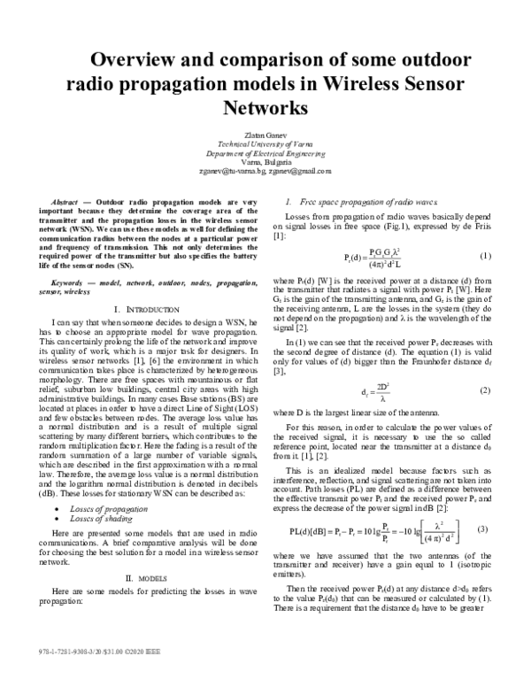 Pdf Overview And Comparison Of Some Outdoor Radio Propagation Models In Wireless Sensor Networks