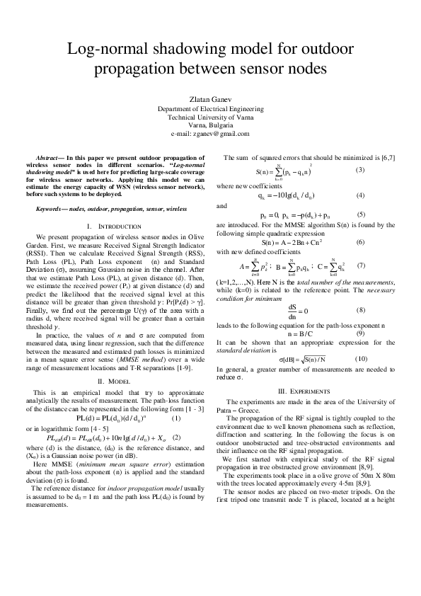 (PDF) Log-normal shadowing model for outdoor propagation between sensor ...