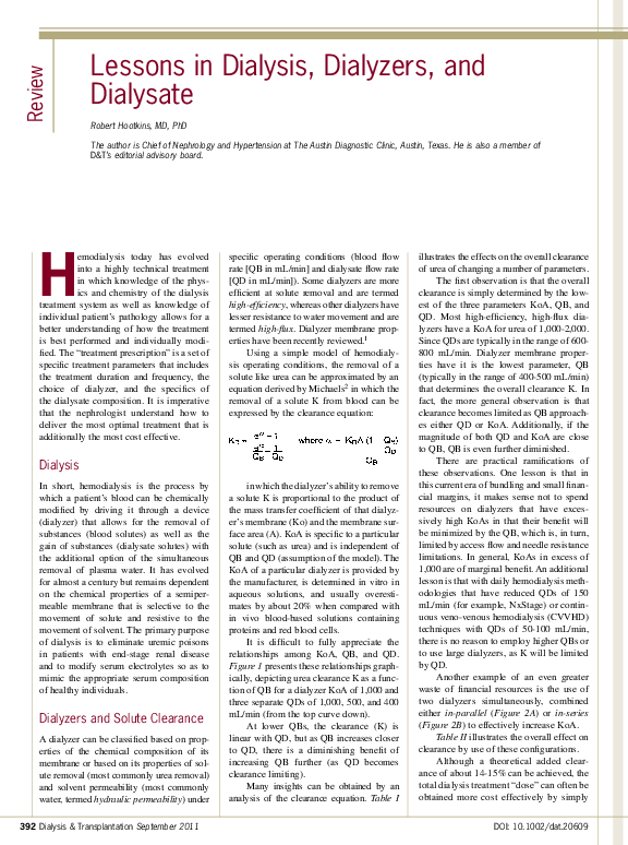 (PDF) Lessons in dialysis, dialyzers, and dialysate