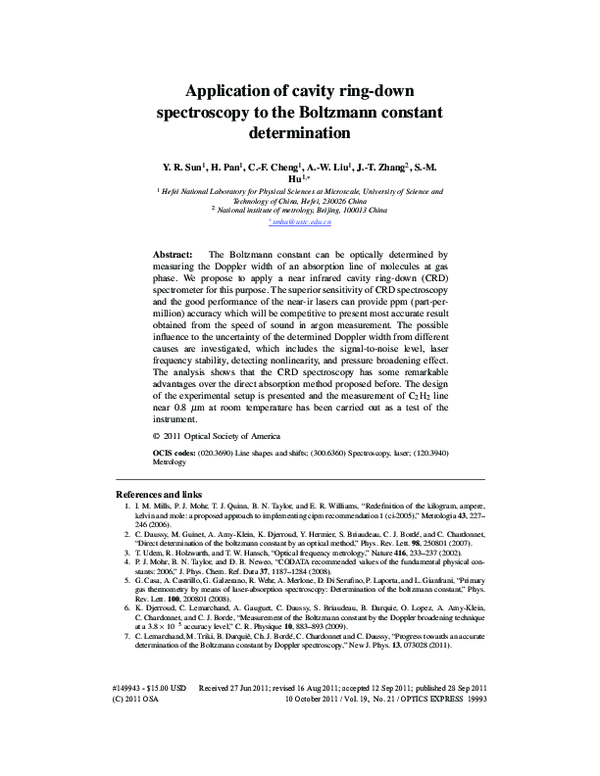 (PDF) Application of cavity ring-down spectroscopy to the Boltzmann constant determination
