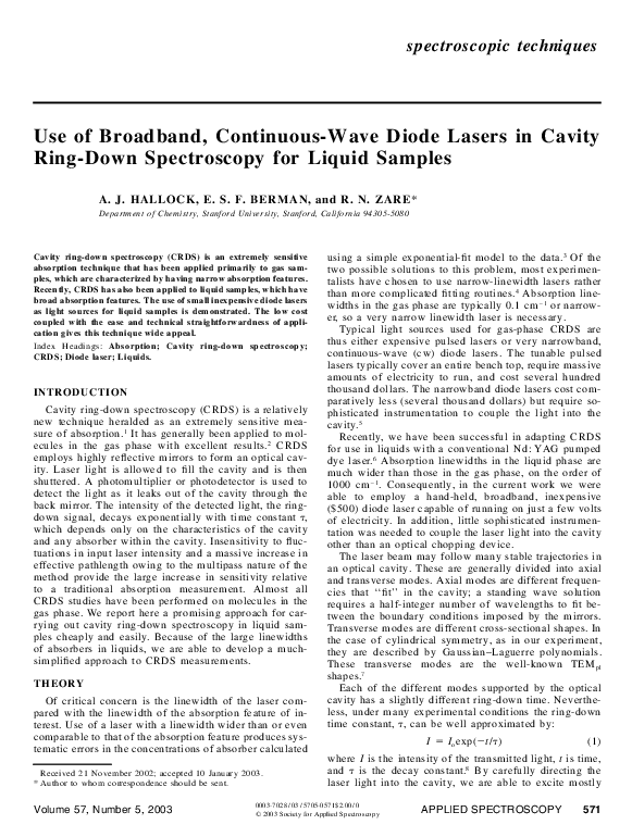 (PDF) Use of Broadband, Continuous-Wave Diode Lasers in Cavity Ring-Down Spectroscopy for Liquid ...
