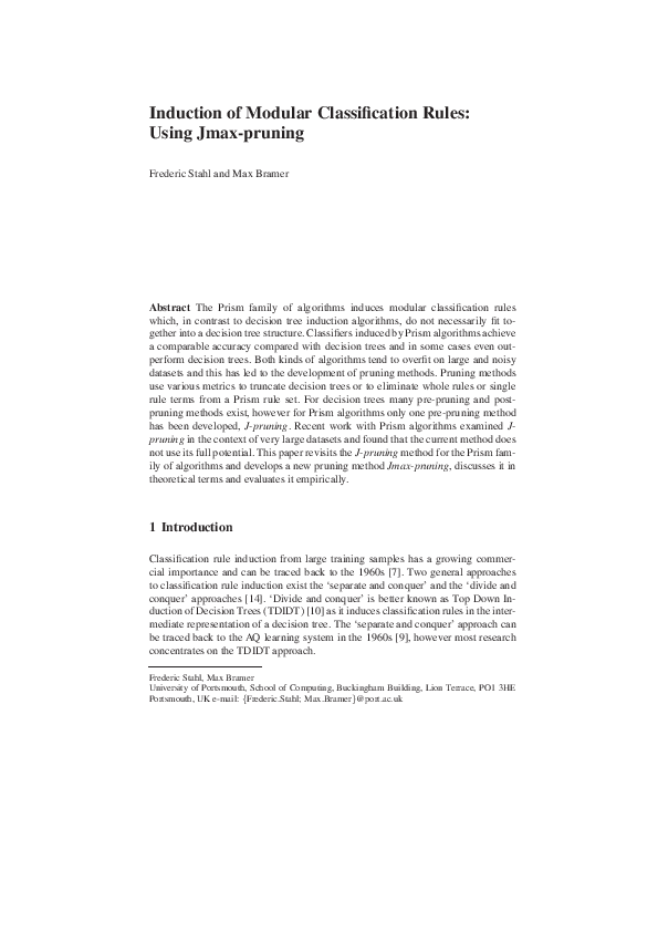 Pdf Induction Of Modular Classification Rules Using Jmax Pruning