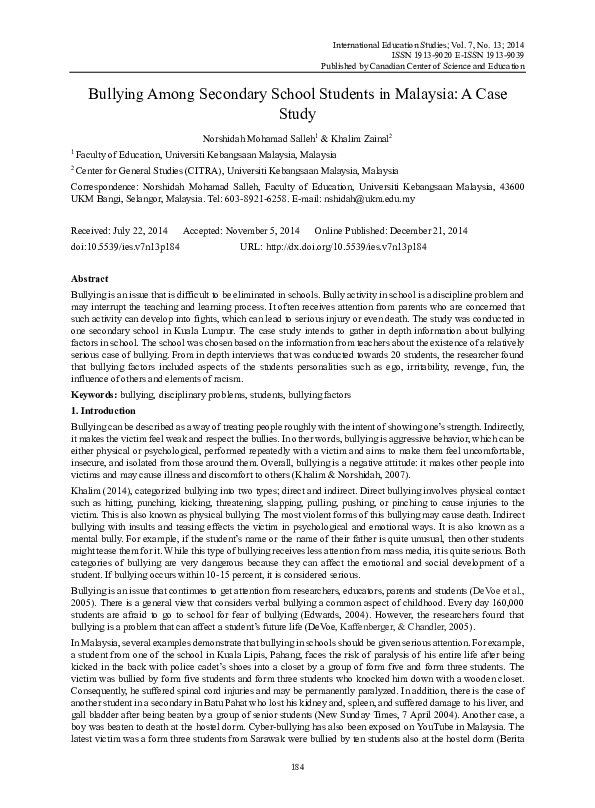 (PDF) Bullying Among Secondary School Students in Malaysia: A Case Study