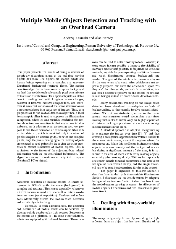 (PDF) Multiple Mobile Objects Detection and Tracking with an Overhead ...