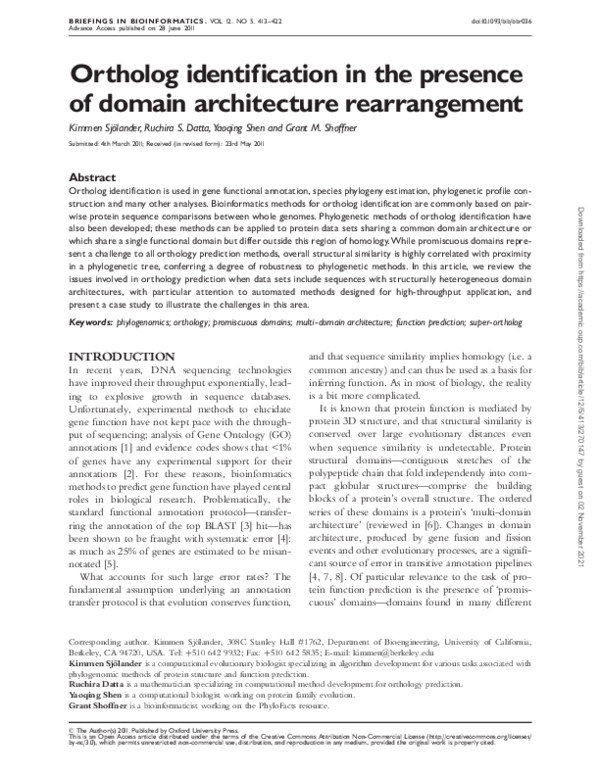 (PDF) Ortholog identification in the presence of domain architecture ...