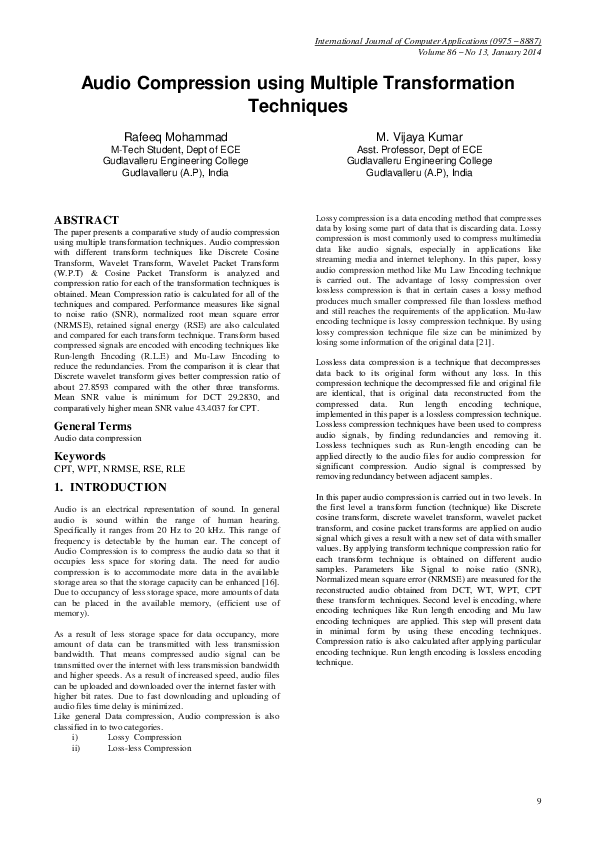 (PDF) Audio Compression using Multiple Transformation Techniques