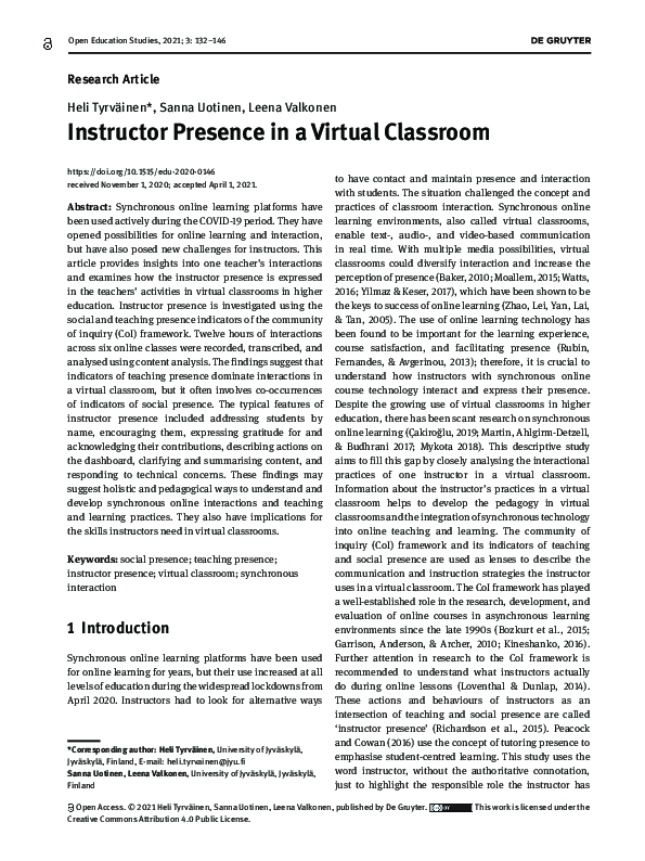 (PDF) Instructor Presence in a Virtual Classroom