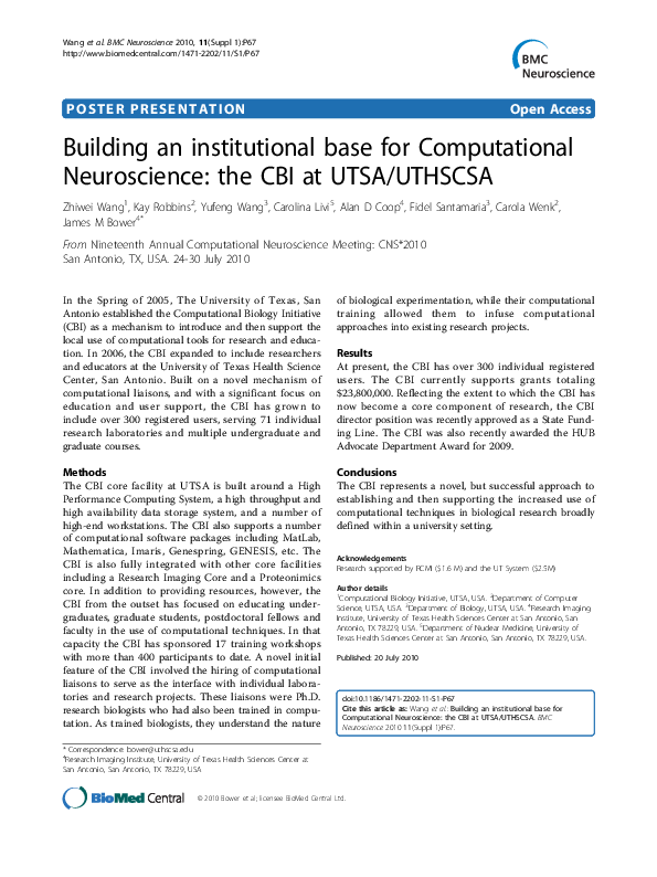 (PDF) Building an institutional base for Computational Neuroscience: the CBI at UTSA/UTHSCSA