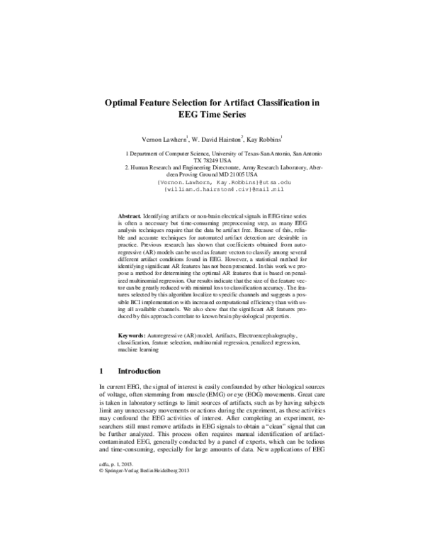 Optimal Feature Selection For Artifact Classification In Eeg Time Series