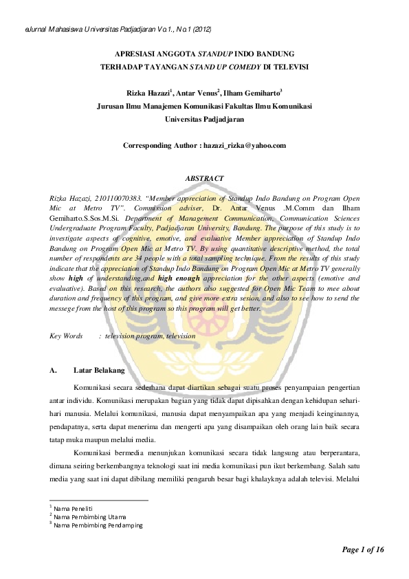 (PDF) Apresiasi Anggota Stand Up Indo Bandung terhadap Tayangan Stand ...