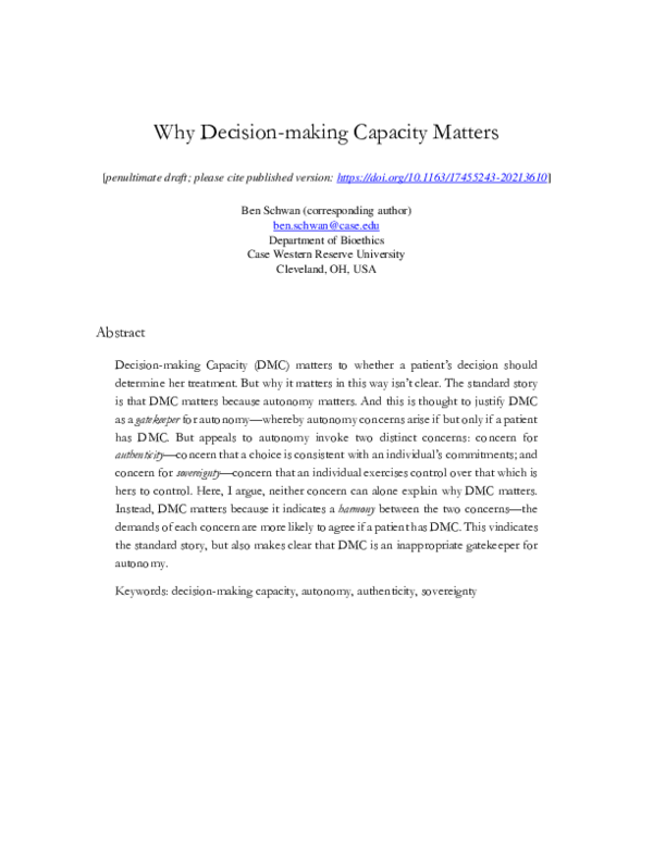 (PDF) Why Decision-making Capacity Matters