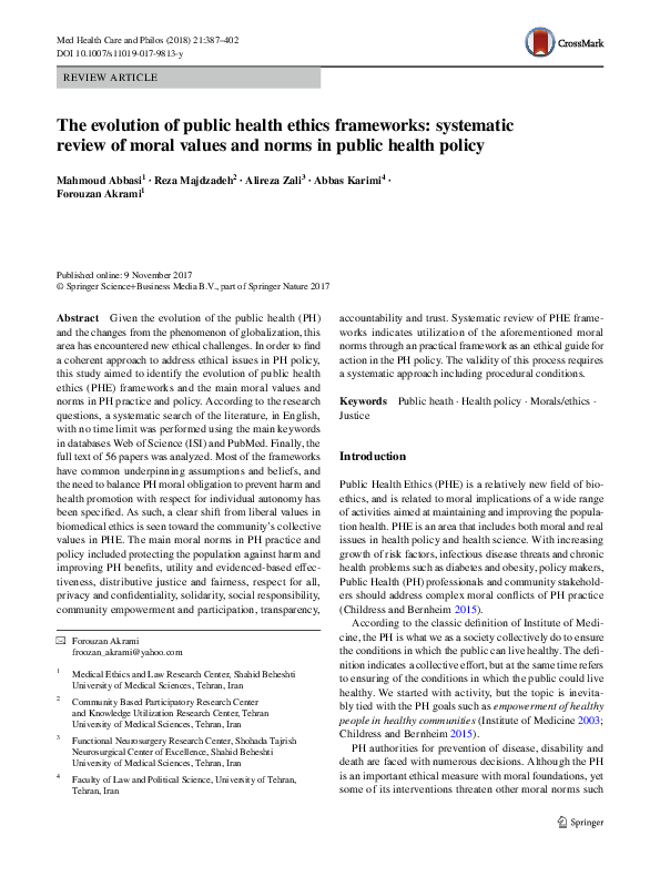 (PDF) The evolution of public health ethics frameworks: systematic ...