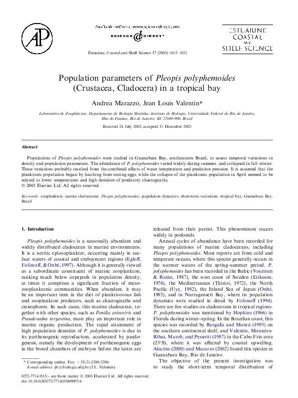 (PDF) Population parameters of Pleopis polyphemoides (Crustacea ...