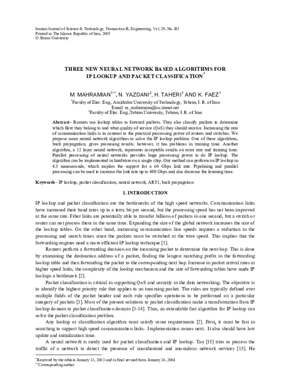 Pdf Three New Neural Network Based Algorithms For Ip Lookup And Packet Classification