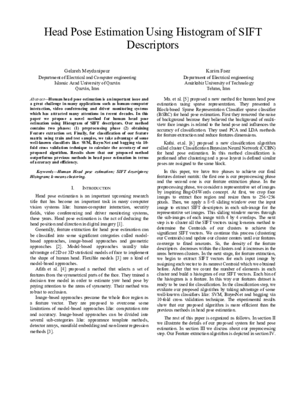 (PDF) Head pose estimation using histogram of SIFT descriptors