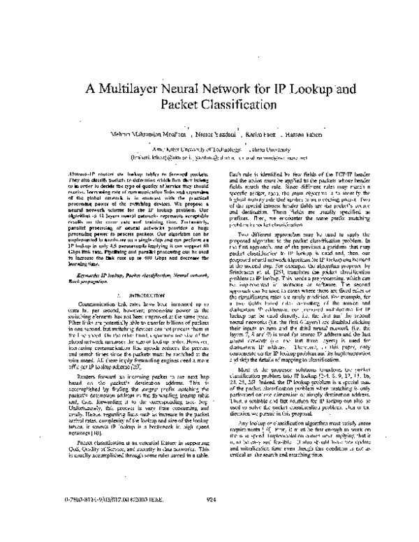 Pdf A Multilayer Neural Network For Ip Lookup And Packet Classification