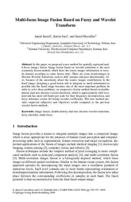 Pdf Multi Focus Image Fusion Based On Fuzzy And Wavelet Transform