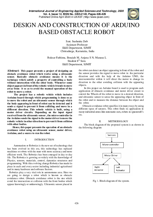 (PDF) Design and Construction of Arduino Based Obstacle Robot